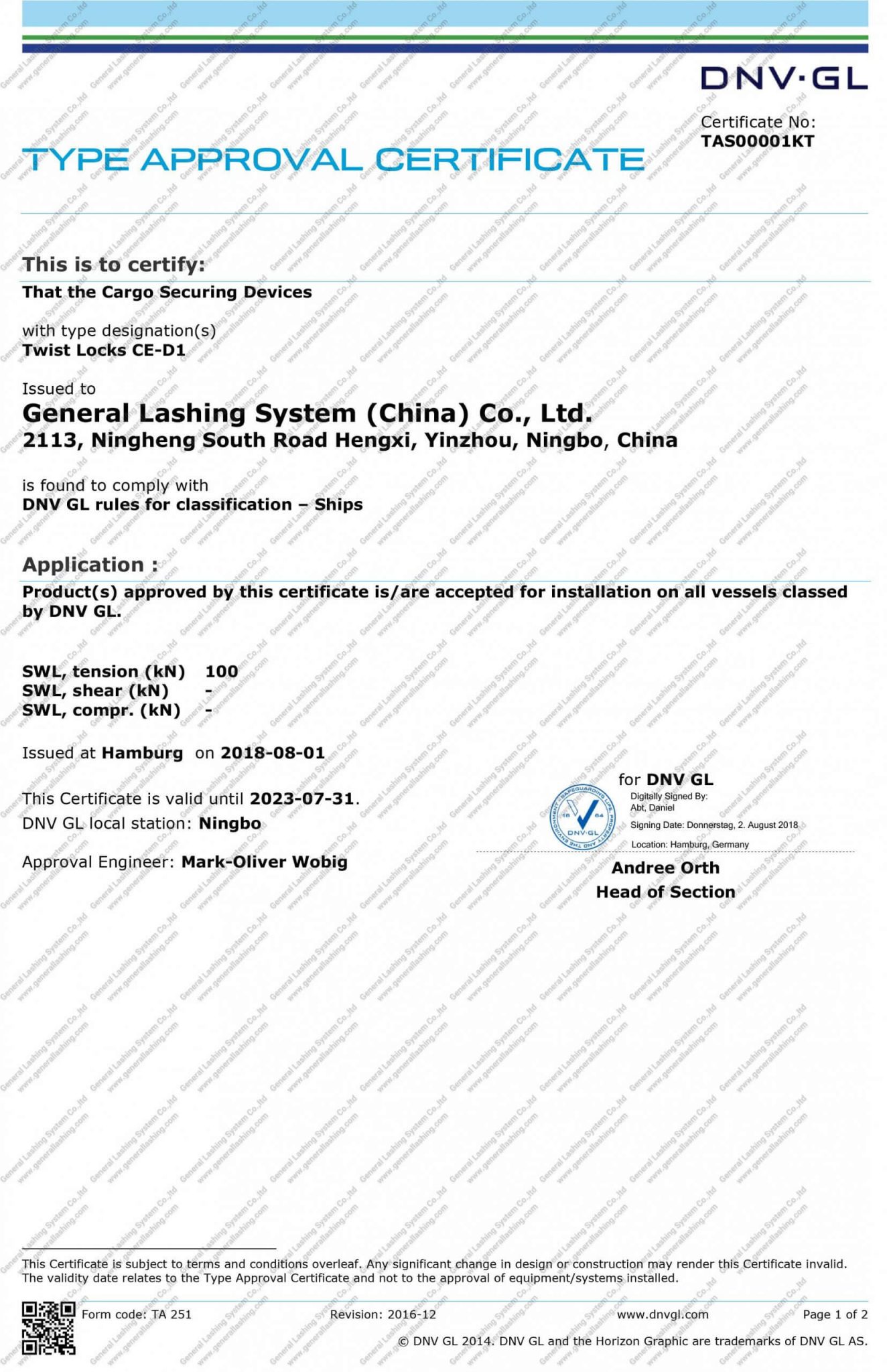 Shipping Container Cargo Lashing Certificates - General Lashing System ...